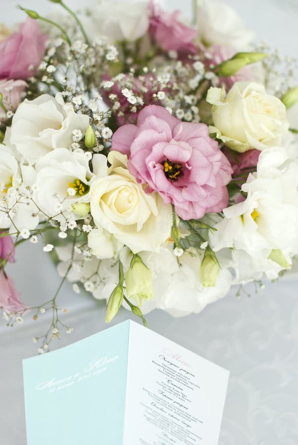 Menu Card with Beautiful Flowers on Table in Wedding Day Stock Image ...