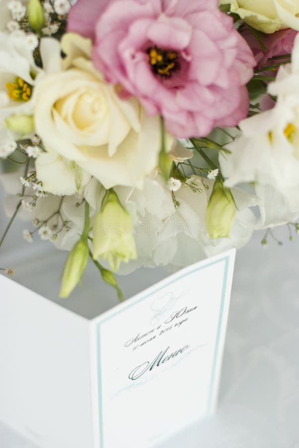 Menu Card with Beautiful Flowers on Table in Wedding Day Stock Photo ...