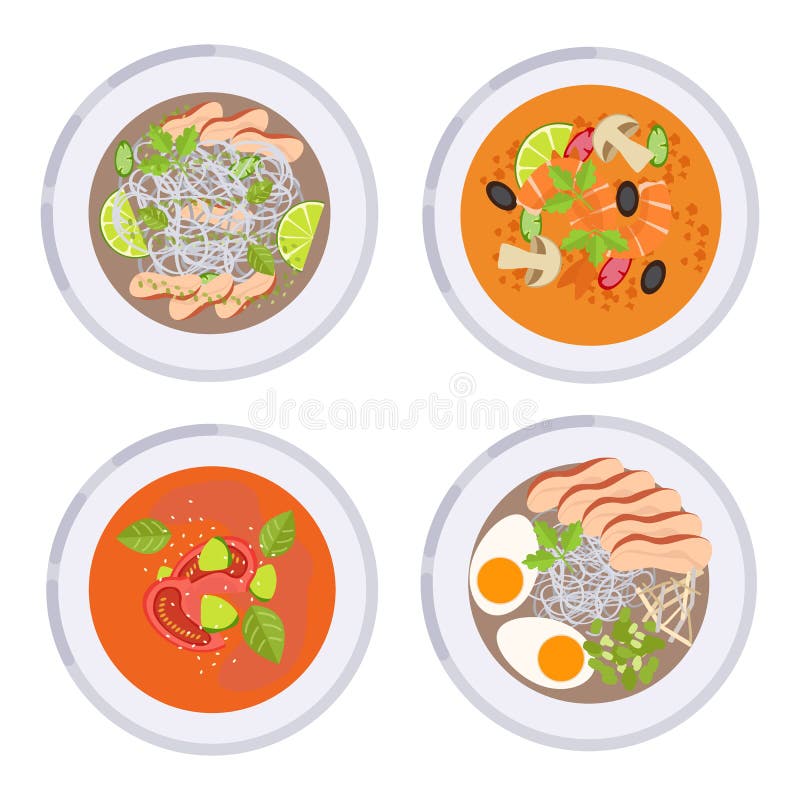 Menu Concept. Collection of Different Soups. Vector Illustration Stock ...