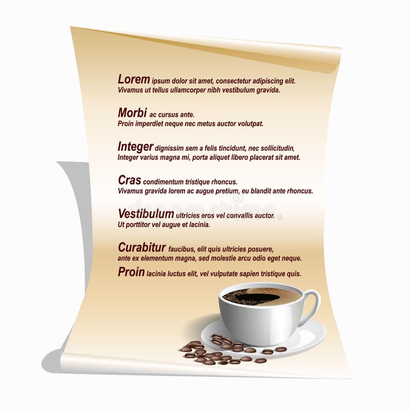 Menu with a Cup of Coffee and Beans, Sheet Paper. Stock Vector ...