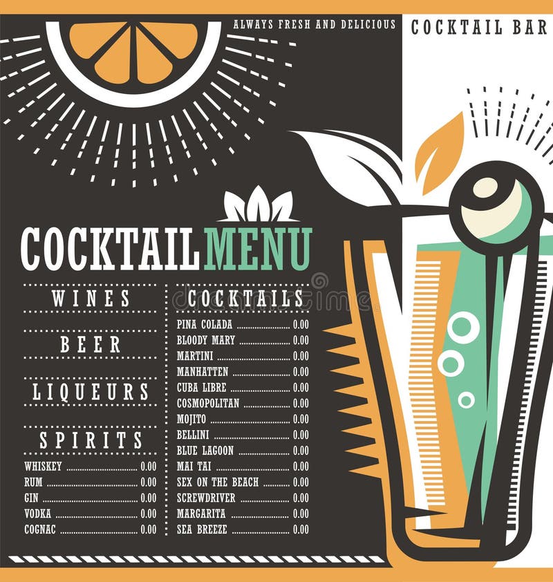 Cocktail Lounge Retro Menu Design Concept Stock Vector - Illustration ...