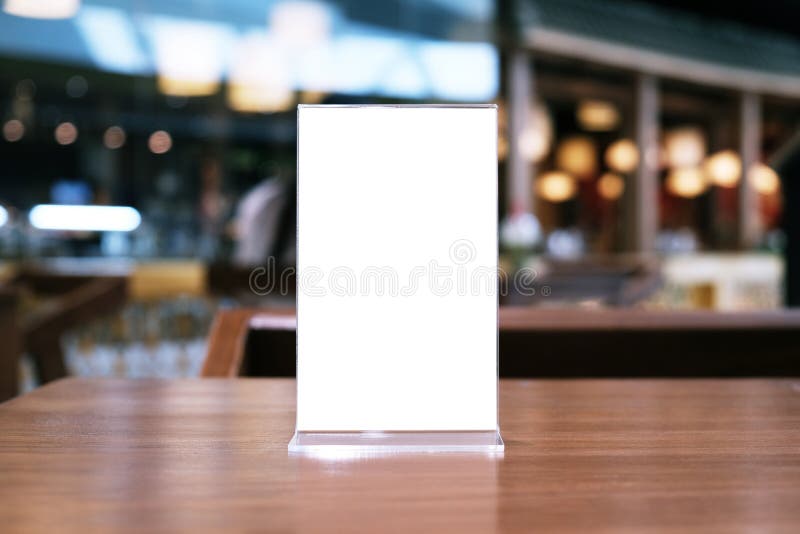 Menu Frame Standing on Wood Table in Bar Restaurant Cafe. Space for ...