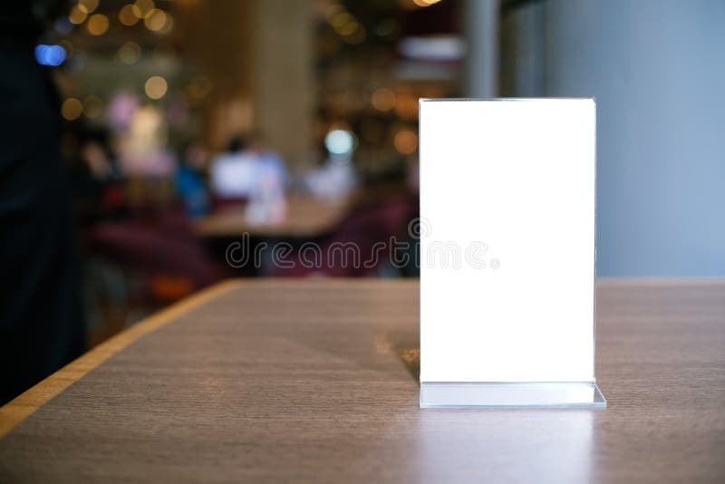 Menu Frame Standing on Wood Table in Bar Restaurant Cafe. Space for ...
