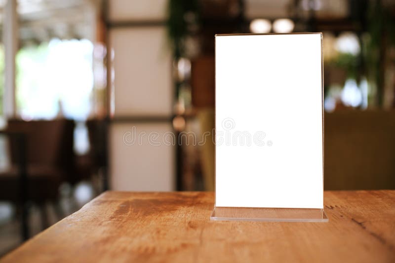 Menu Frame Standing on Wood Table in Bar Restaurant Cafe. Space for ...