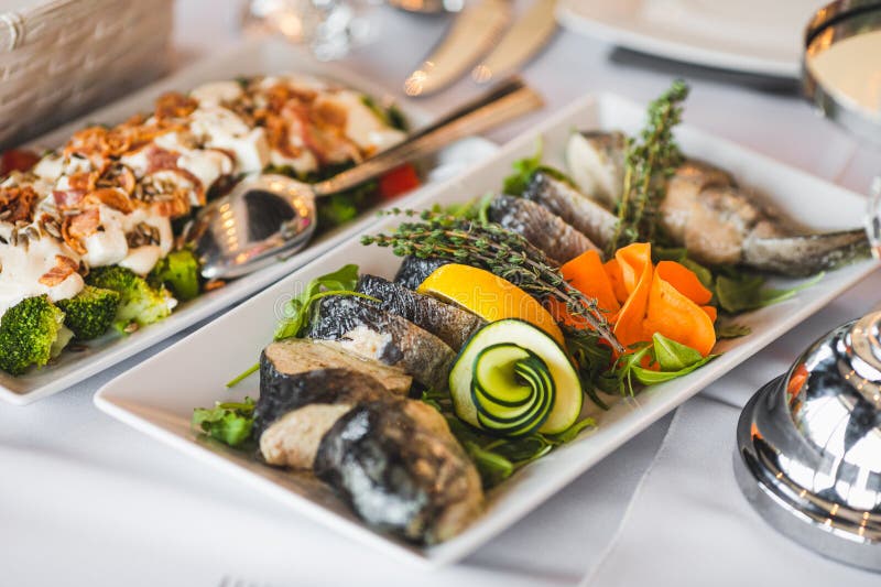 Menu for Holidays, Weddings. Rectangular Plates with Cold Fish Snacks ...