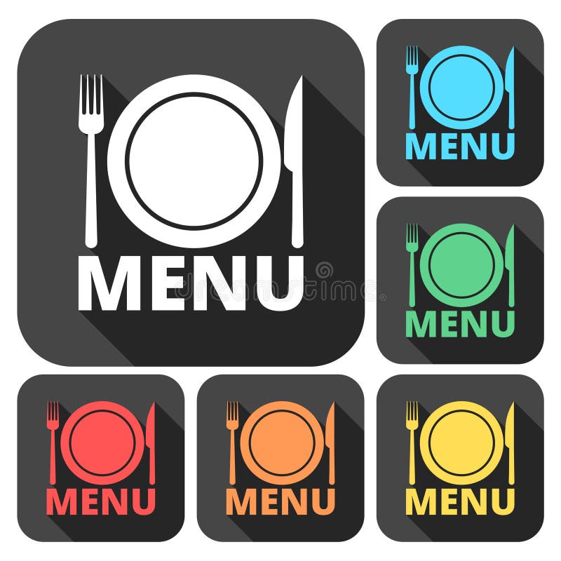Menu Icon, Restaurant Sign Set with Long Shadow Stock Vector ...