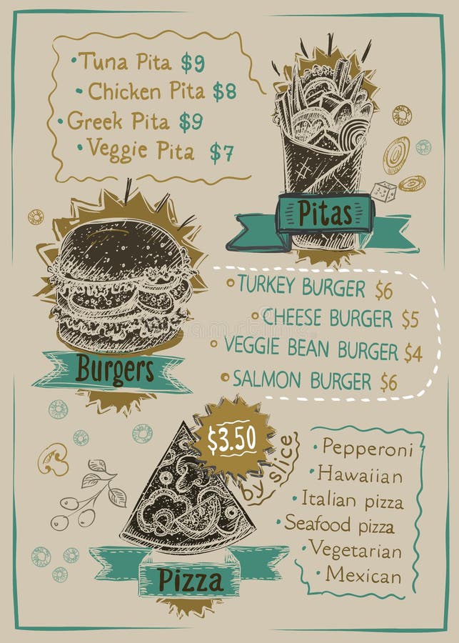 Menu List Design for Pizza, Burgers and Pitas Stock Vector ...