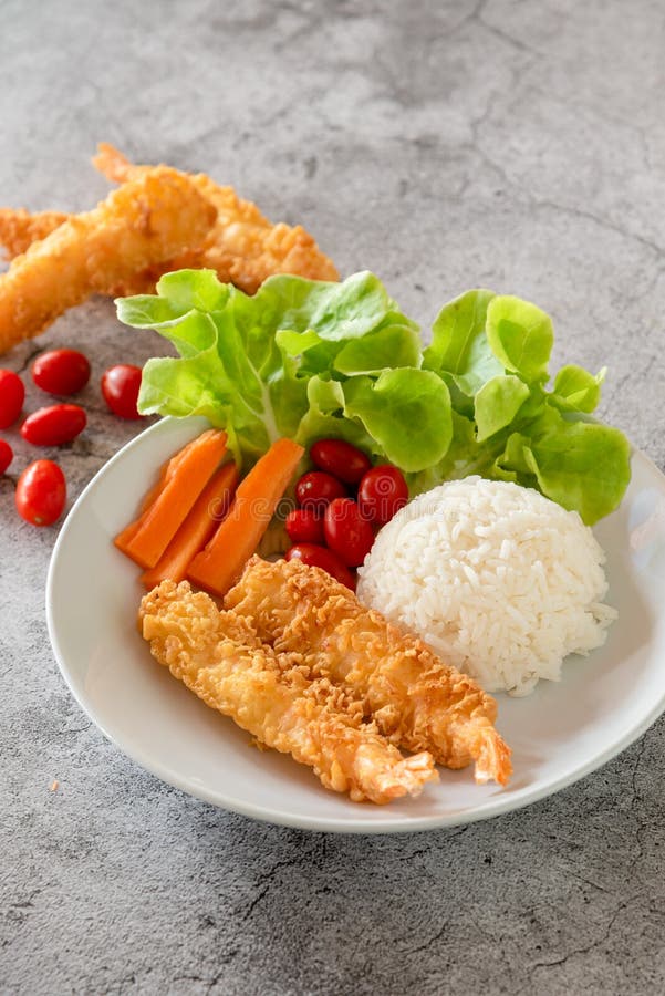 Menu Lunch Set Fried Shrimp and Rice Stock Photo - Image of tomato ...