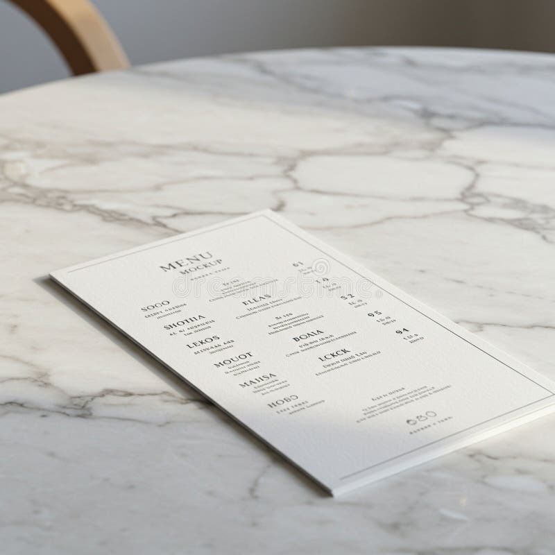 A Menu Mockup Rests on a Light-colored Marble Table. the Menu Appears ...