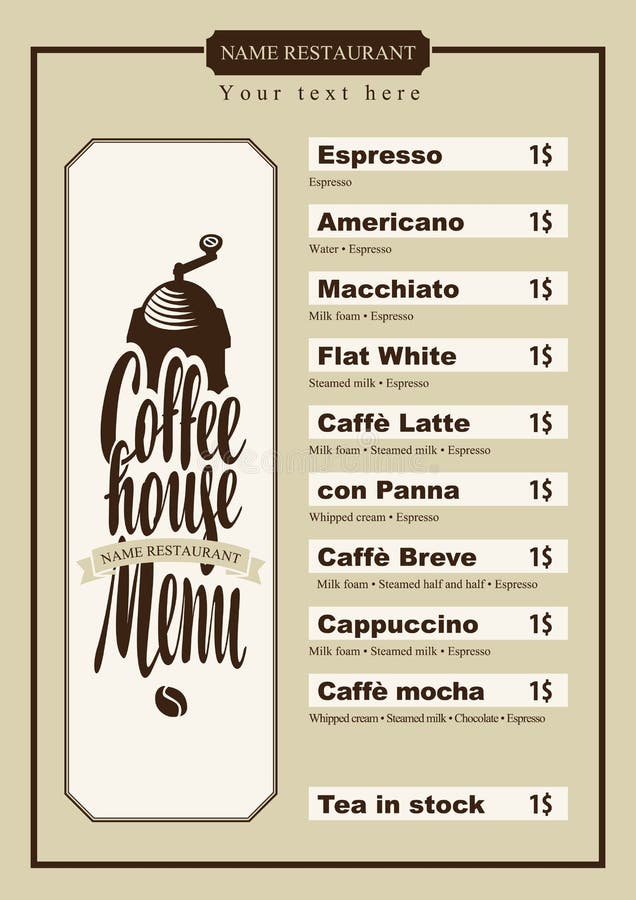 Menu with Price for the Coffee House with Grinder Stock Vector ...