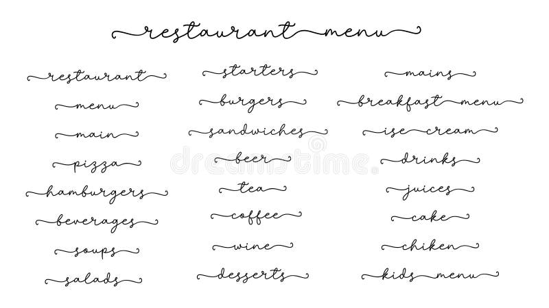 MENU. Restaraunt Menu Items Set. Continuous Calligraphy Line Script ...