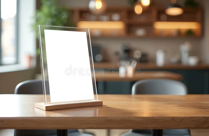 Menu Stand Mock-up on Table in Blurred Background. Clear Plastic Frame ...