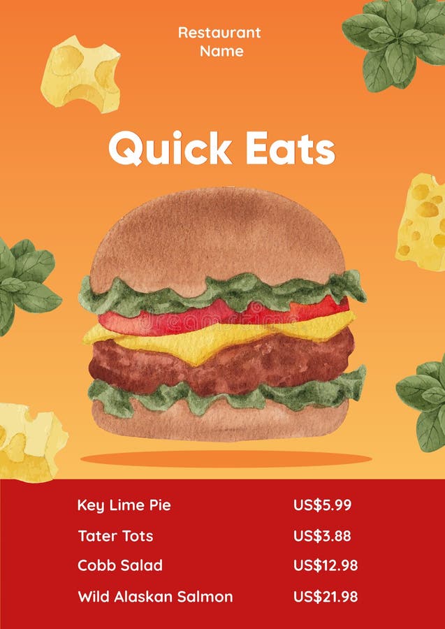 Menu Template with American Fastfood Concept, Watercolor Style Stock ...