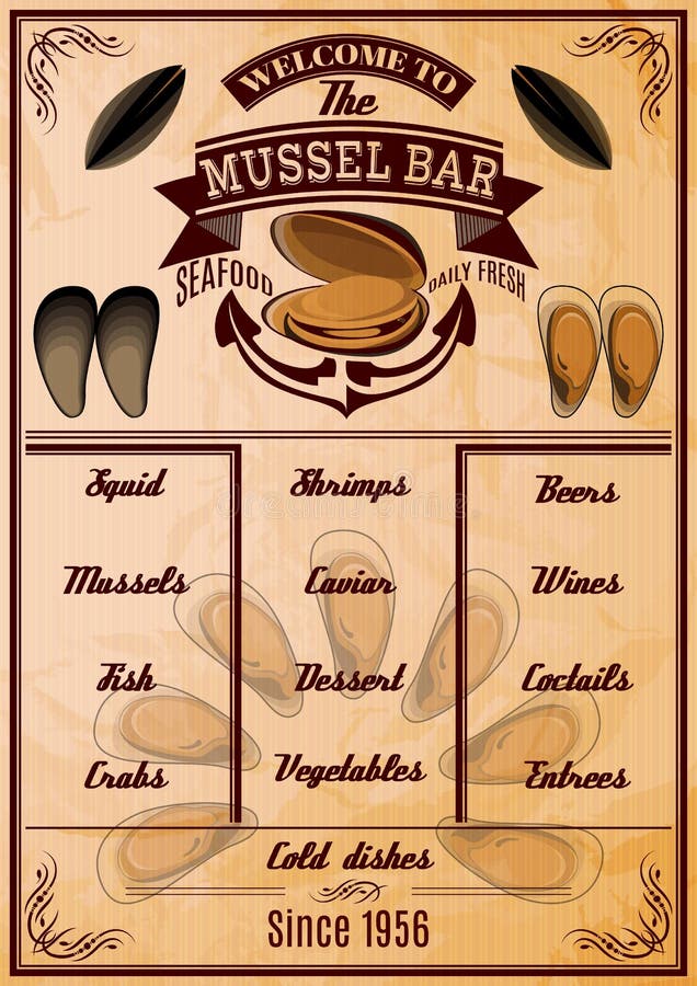 Menu template with mussels stock vector. Illustration of flyer - 36739218