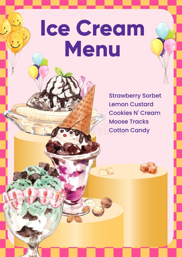 Menu Template with Sundae Ice Cream Concept, Watercolor Style Stock ...