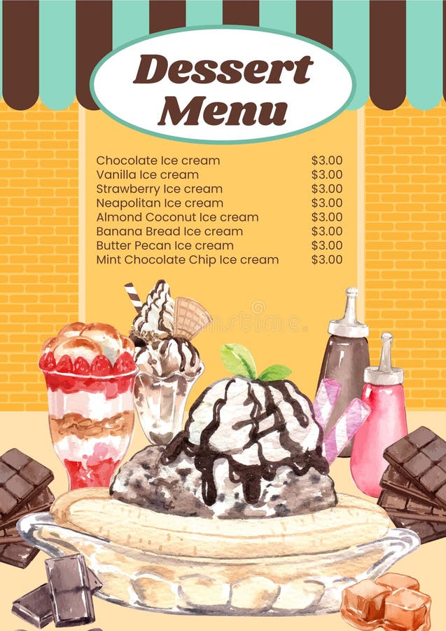 Menu Template with Sundae Ice Cream Concept, Watercolor Style Stock ...