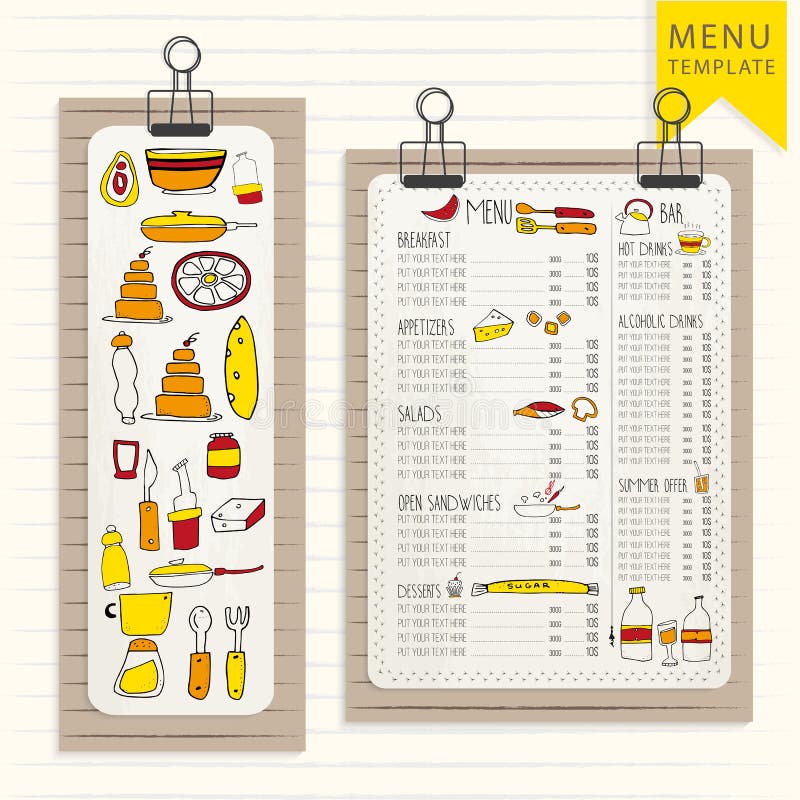 Menu Template on Wooden Board with Clips. Hand Drawn Elements. Template ...