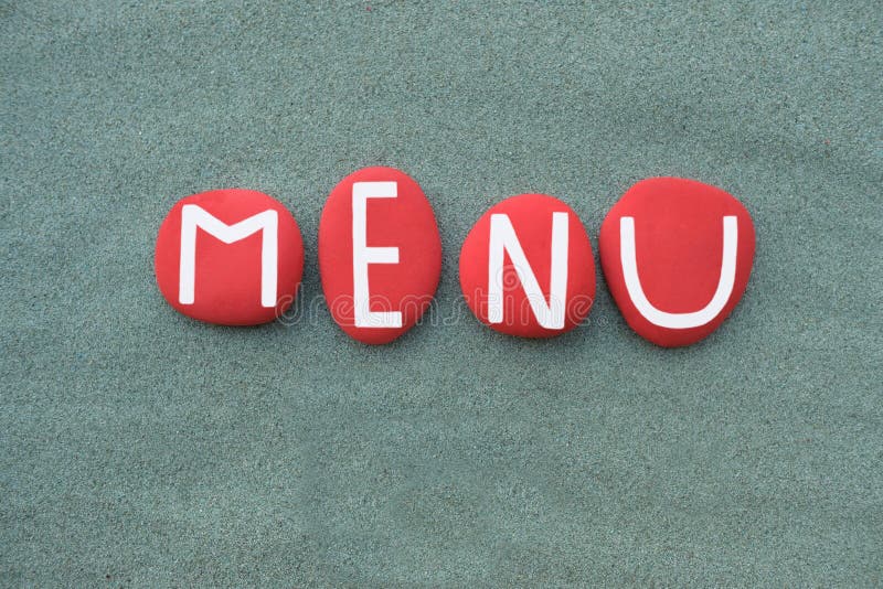 Menu Word Composed with Red Colored Stone Letters Over Green Sand Stock ...