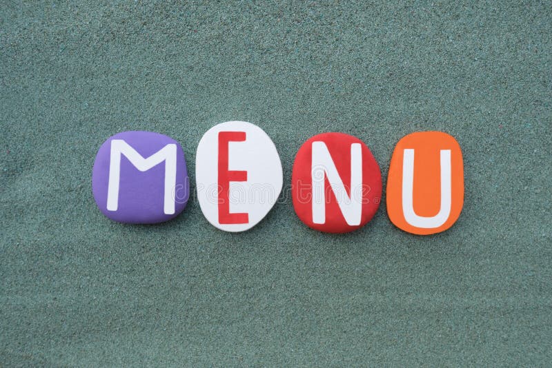 Menu Word Composed with Multi Colored Stone Letters Over Green Sand ...