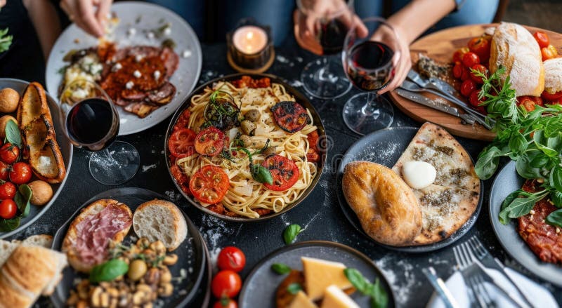 Menus of Italian Food on Plate are Placed on Top of Black Table Stock ...