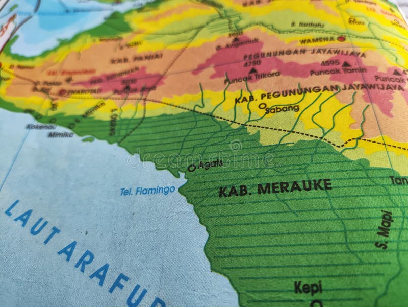 Merauke Regency Map and Major Cities Around it on Physical Map Stock ...