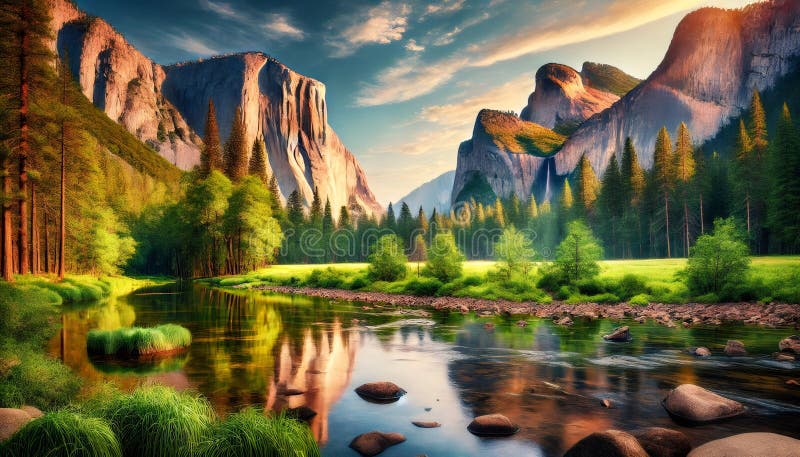 Merced River Flowing through Yosemite Valley at Sunset Stock ...