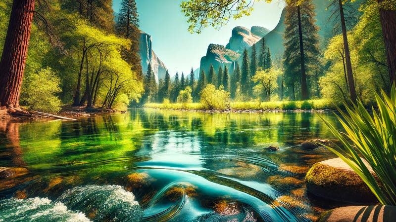 Merced River in Yosemite National Park during Spring Stock Illustration ...