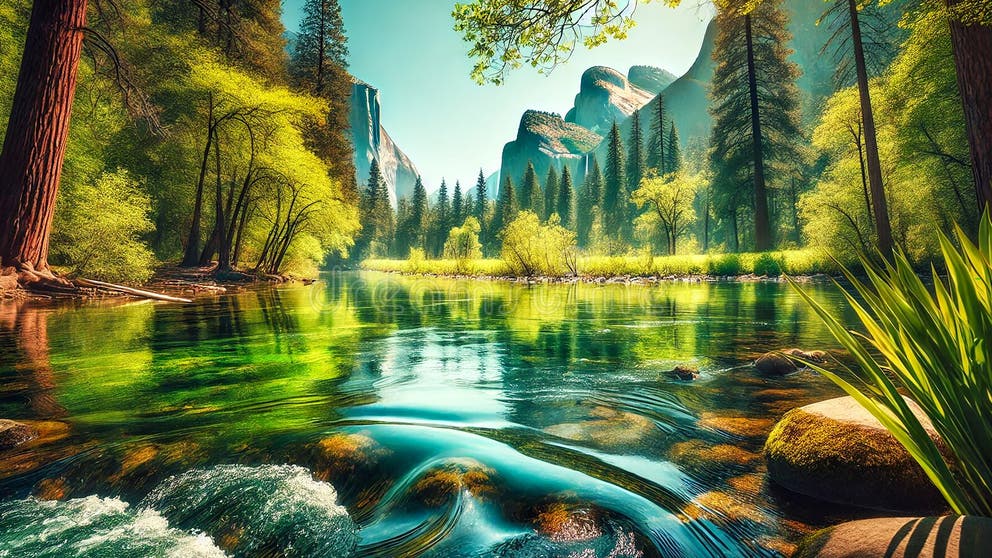 Merced River in Yosemite National Park during Spring Stock Illustration ...