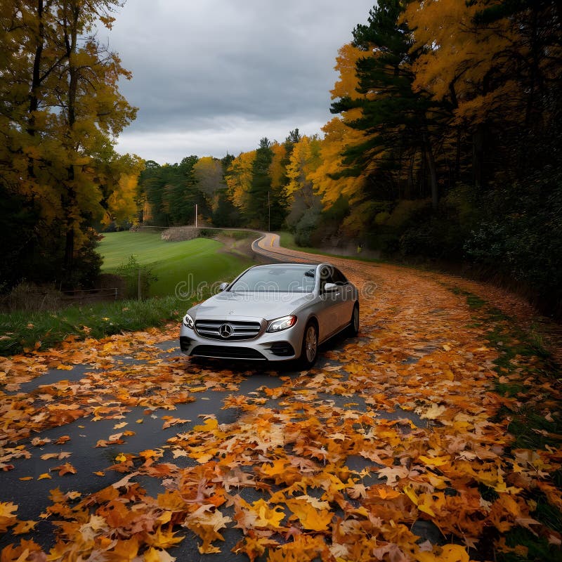 Fall Adventures: Mercedes Drives through a Golden Leaf Landscape Stock ...