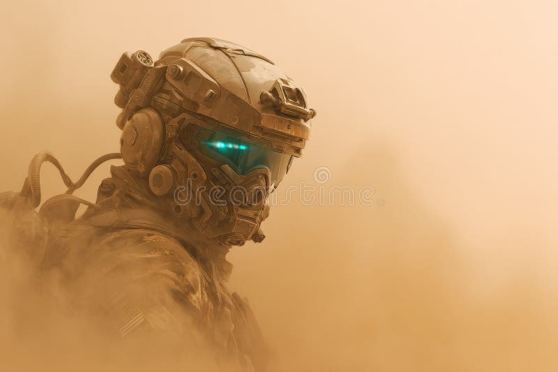 Mercenary in Desert Exo-Armor with Dust Storm and High-Tech Visor Glow ...