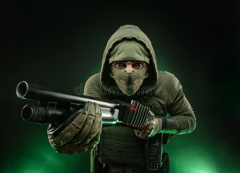 Mercenary Soldier with a Shotgun Stock Image - Image of glasses ...