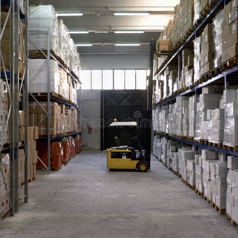 Warehouse with Many Racks and Boxes Stock Photo - Image of factory ...