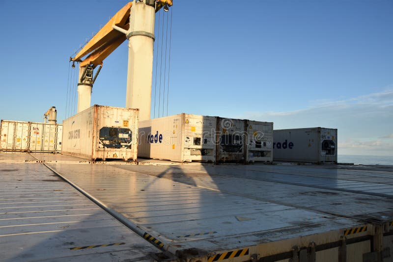 Merchant Cargo Container Vessel with Cranes Underway through Calm ...