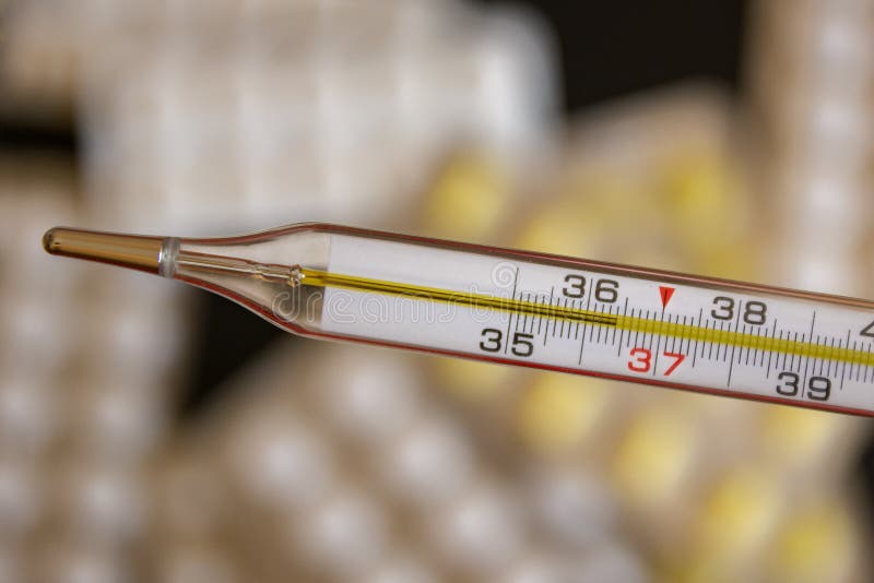 Mercury Thermometer Among Medicines The Thermometer Shows The Normal