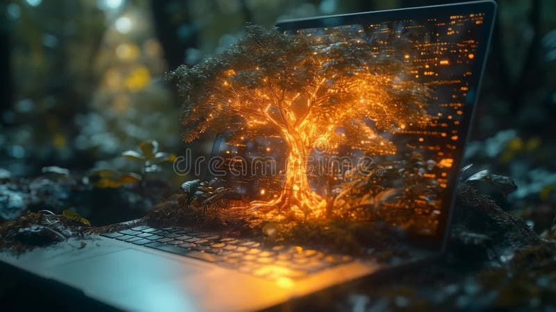 Merging Nature and Technology a Tree Emerges from a Laptop Screen Stock ...