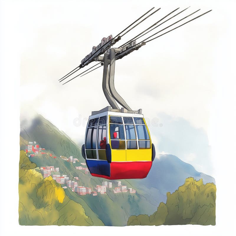 Merida Cable Car. Merida Cable Car Hand Drawn Watercolor Illustration ...