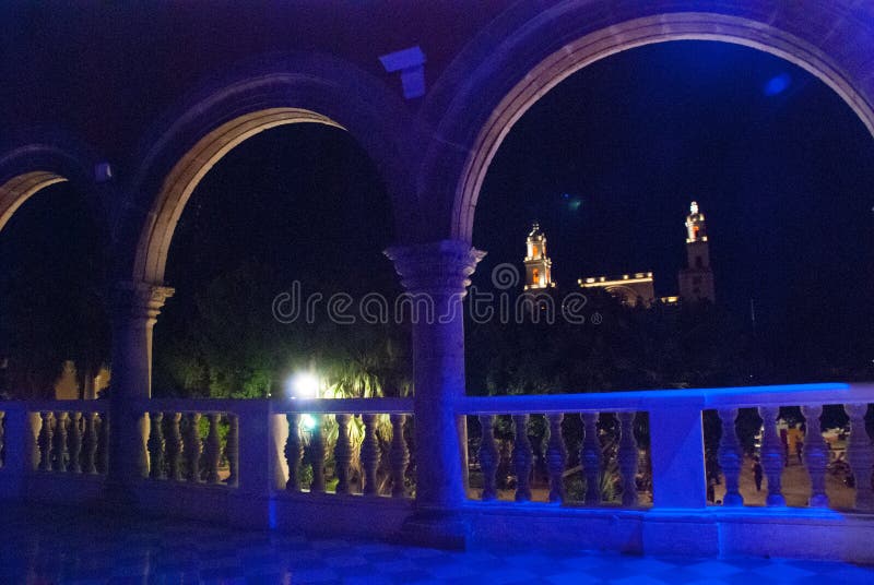 Merida San Ildefonso Cathedral at Night with Blue Backlight. Yucatan ...