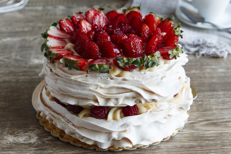 Meringue Cake with Custard and Strawberry Raspberry Stock Image - Image ...