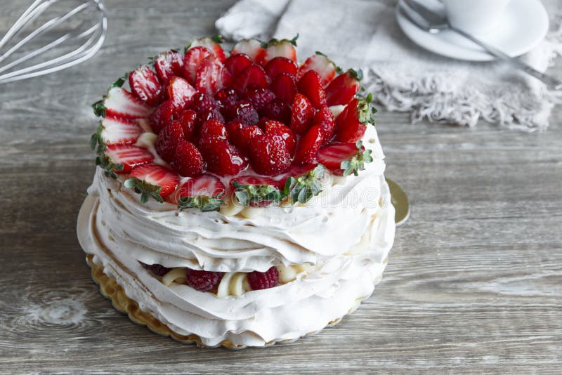 Meringue Cake with Custard and Strawberry Raspberry Stock Image - Image ...