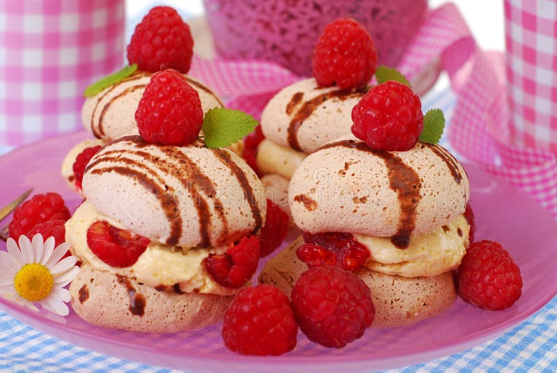 Meringue Cookies with Raspberry Stock Photo - Image of pastry, cake ...