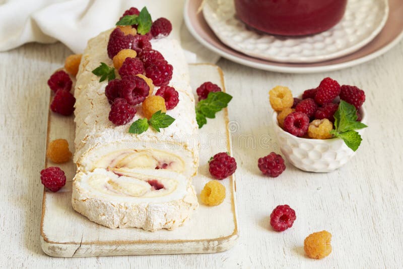 Meringue Roll with Butter Cream and Raspberry Curd, Decorated with ...