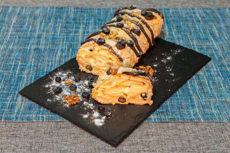 Meringue Roll Garnished with Strawberry Slices Stock Image - Image of ...