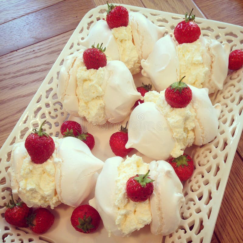 Meringues with Cream and Strawberries Stock Image - Image of party ...