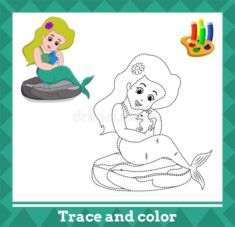 Trace and Color for Kids, Mermaid Activity Vector Illustration. Stock ...