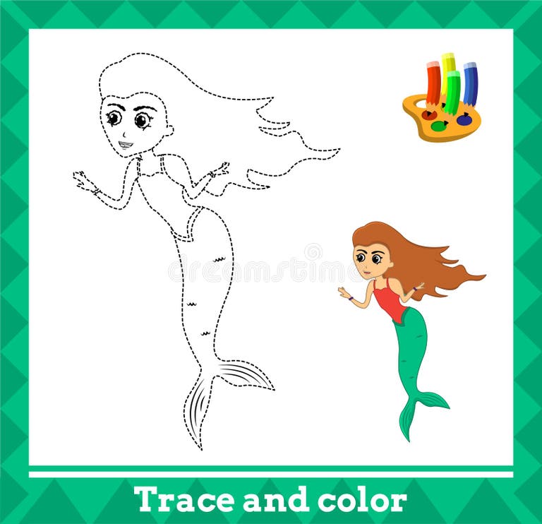 Trace and Color for Kids, Mermaid Activity Vector Illustration. Stock ...