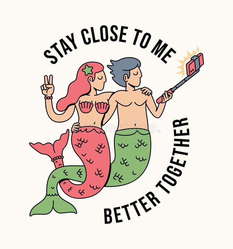 Mermaid Couple Retro Cute Illustration Stock Vector - Illustration of ...