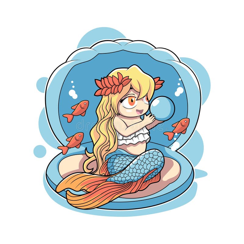 Mermaid Cute Lovely Playing with a Pearl Vector Illustration Design ...