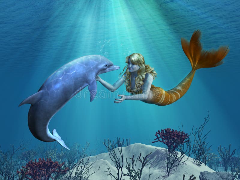 Mermaid With Dolphin Undersea Stock Illustration - Image: 18869792