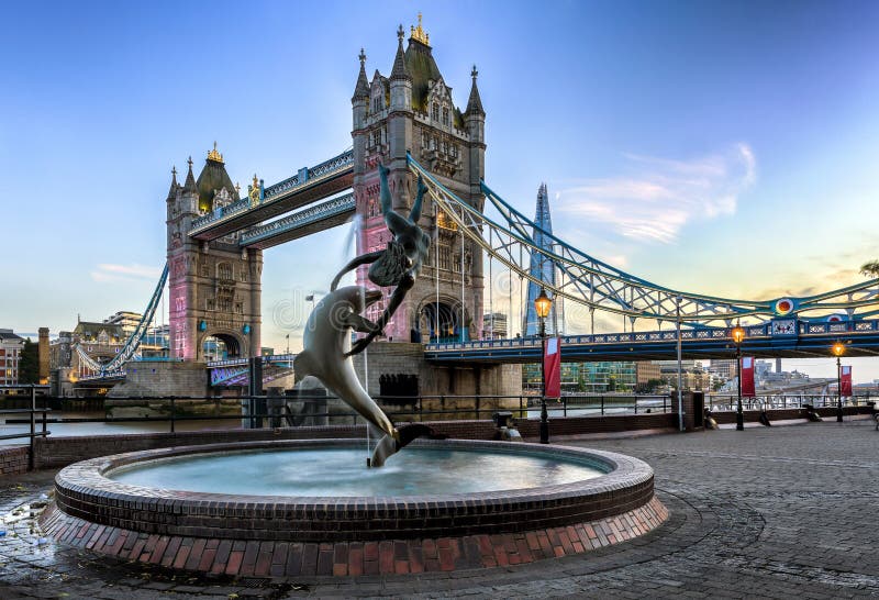 Mermaid Fountain in Front of Tower Bridge, at Sunset Stock Photo ...