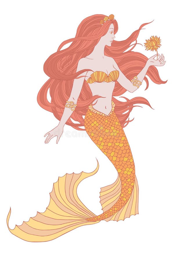 Mermaid Holding a Flower, Linen Vector Illustration Stock Vector ...